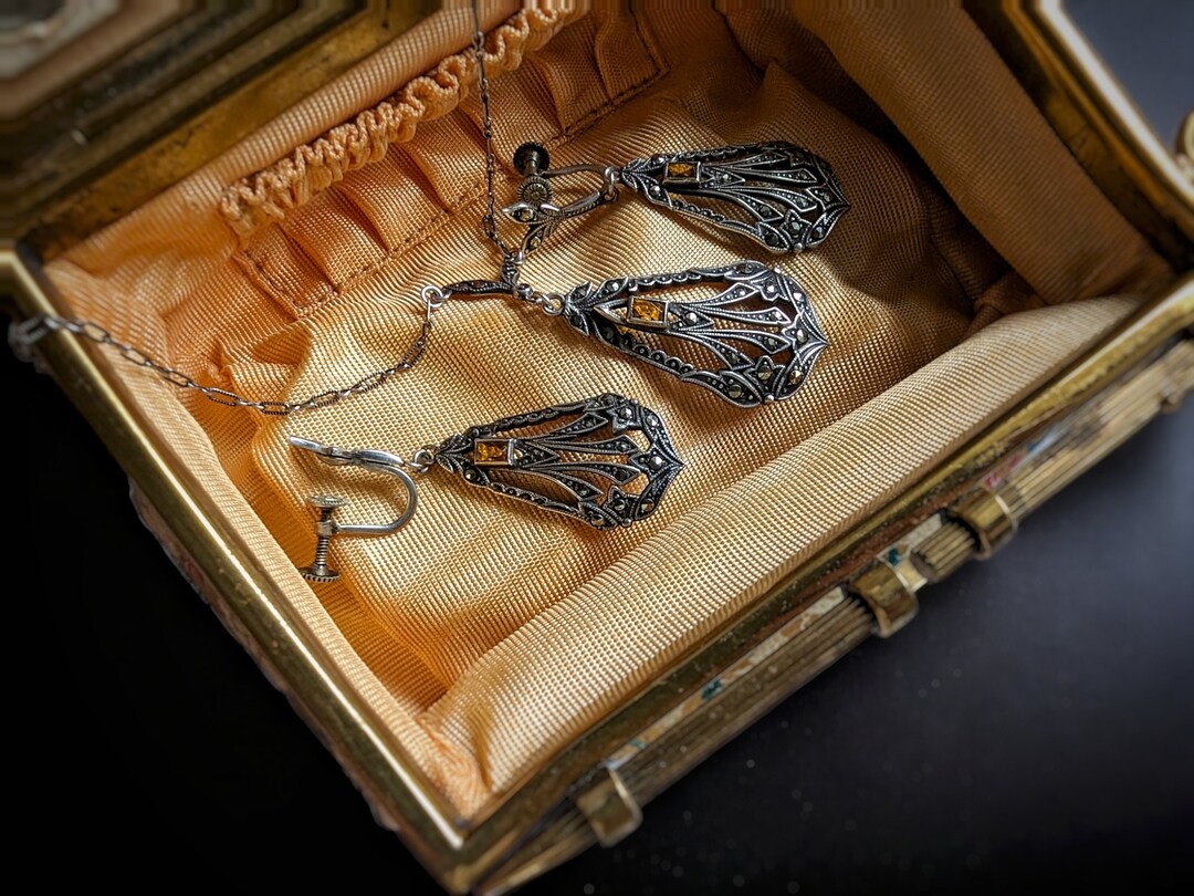 Antique 1920s ART DECO Sterling Silver Marcasite, Citrine Crystal Drop ...