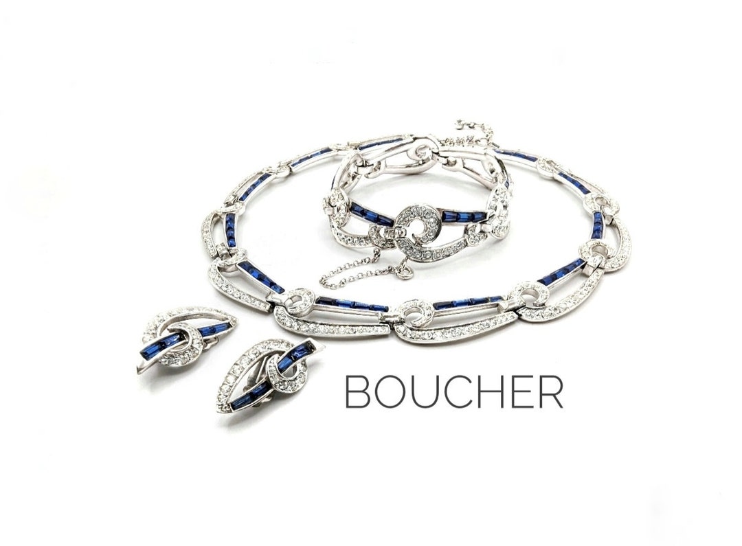 Vintage Boucher Sapphire Rhinestone Parure Set: 1950s Art Deco Jewelry ...