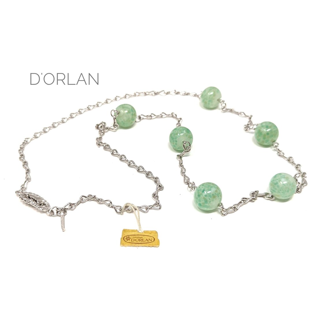 24" Vintage D'orlan Silvertone Chain & Mottled Green Glass Bead ...