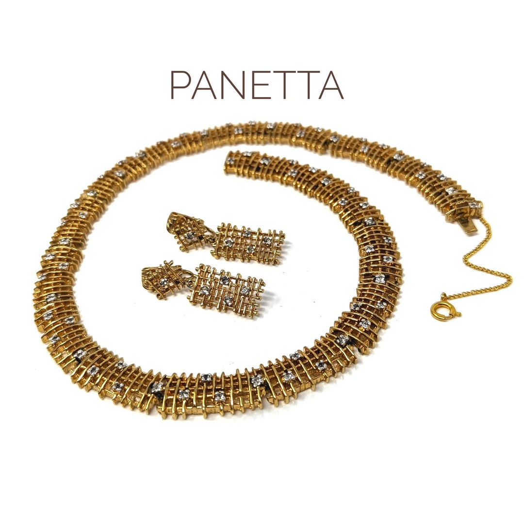 Vintage Panetta Necklace & Clip Earrings: Gold Tone Rhinestone Demi ...