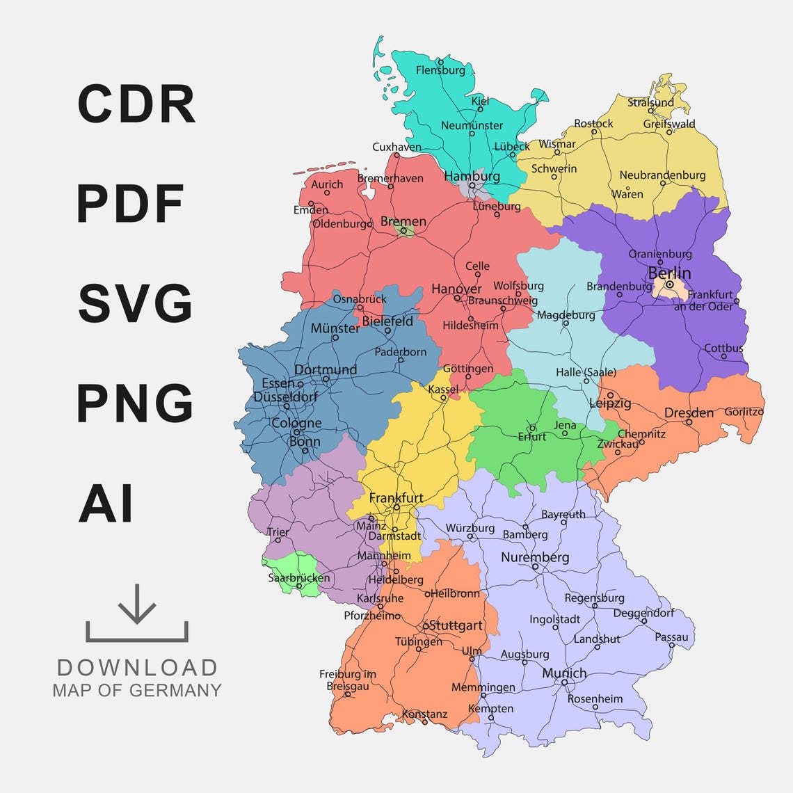 Germany Map Vector, Germany States, Editable Germany Map, Germany Map ...