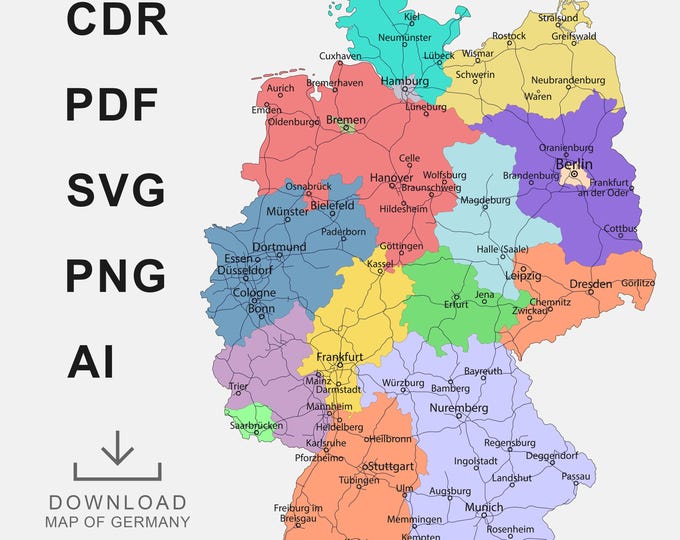 Germany Printable Political Map Detailed DIGITAL Mapping with Cities ...