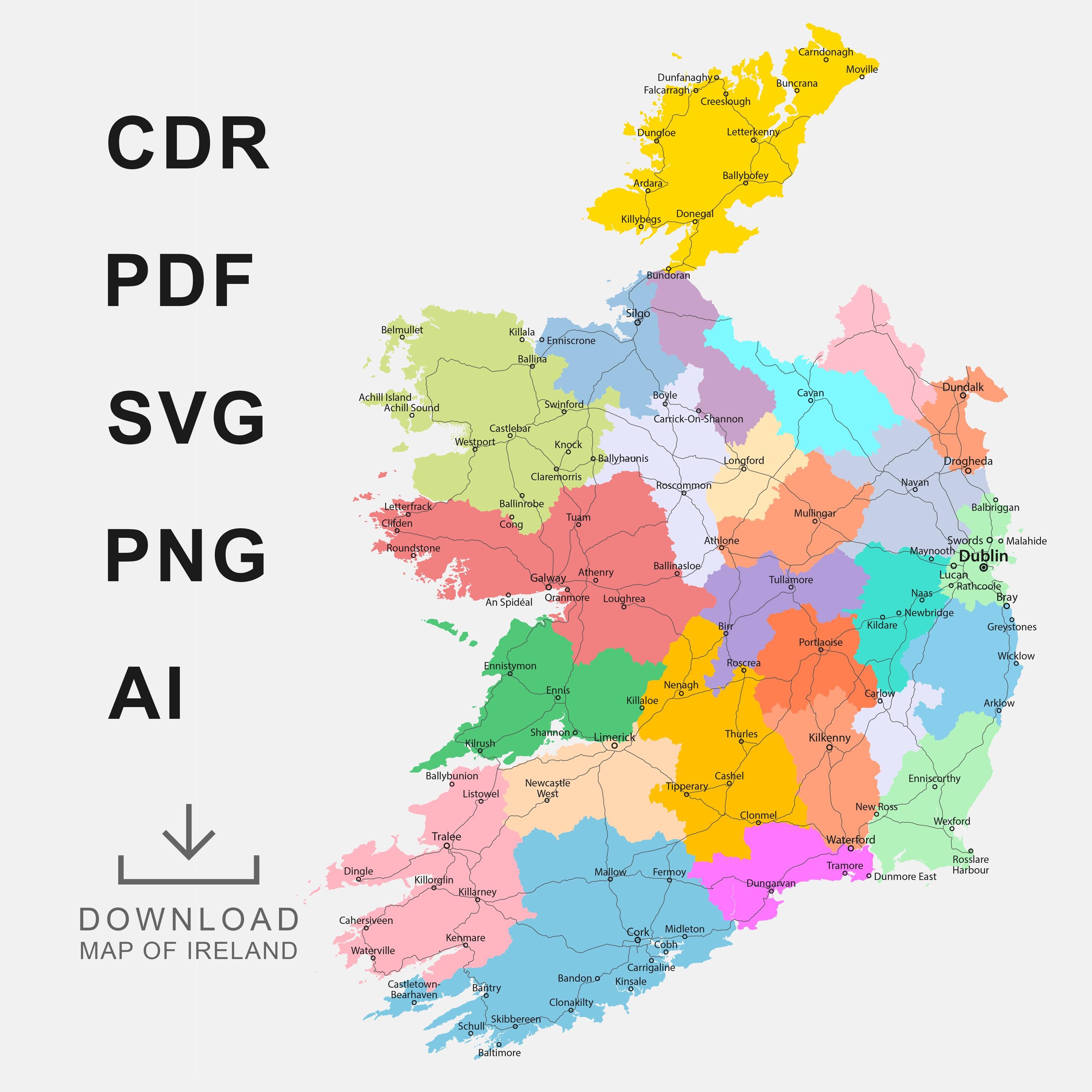Ireland Map Vector, Ireland Counties, Editable Map, Ireland Map in (EPS ...