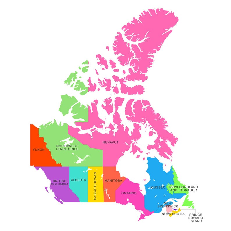 Canadian Map Vector, Regions of Canada Map, Carte Du Canada, Editable ...