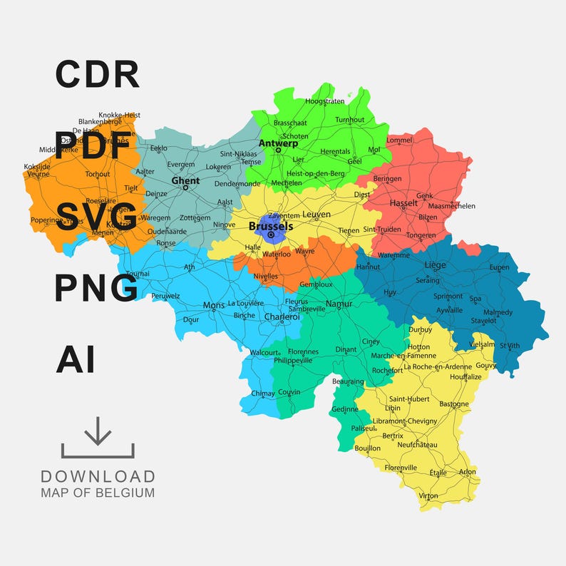 Belgium Map Vector, Municipalities & Cities (EPS, PDF, AI) - Etsy