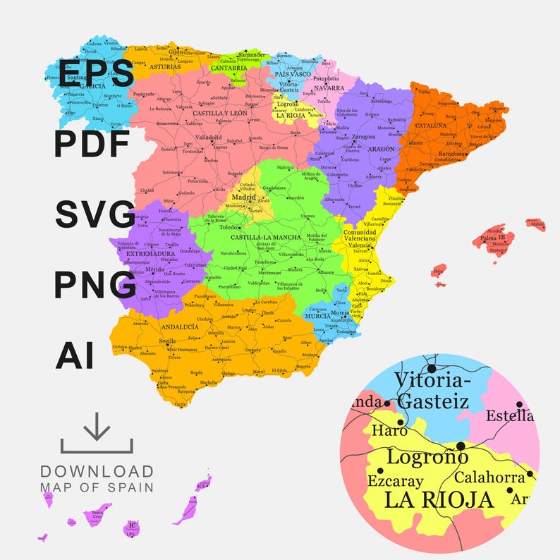 Spain Map Vector, Regions of Spain, Editable Map, Mapa De Español ...