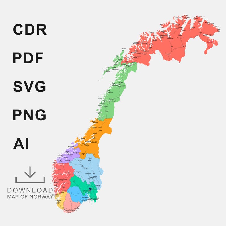 Norway Map Vector, Norway Counties, Main Roads, Editable Map, Map in ...