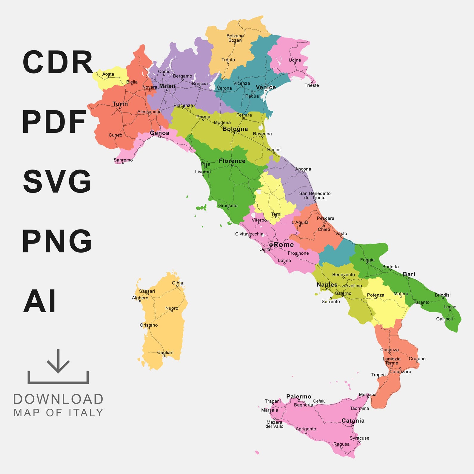 Italy Map Vector, Regions of Italy, Italy States, Editable Italy Map ...