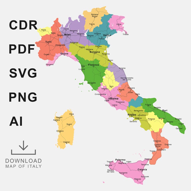 Italy Map Vector, Regions of Italy, Italy States, Editable Italy Map ...