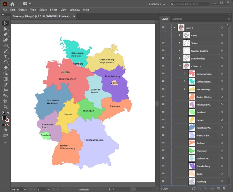 Germany Map Vector, Germany States, Editable Germany Map, Germany Map ...