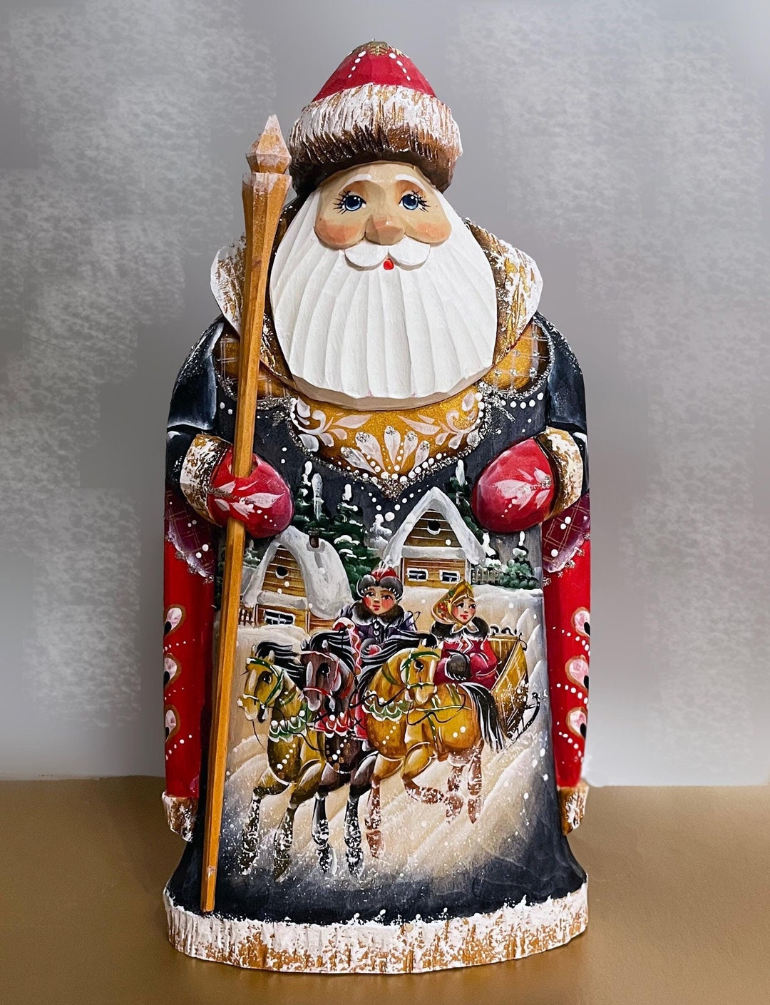 Carved Father Frost With Three Horses, Carved Santa Wooden Doll ...