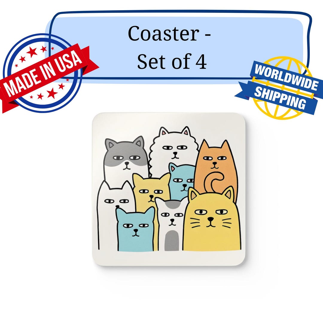Funny Cat Coaster Set of 4 – Cute Cartoon Cat Drink Coasters, Gift for ...