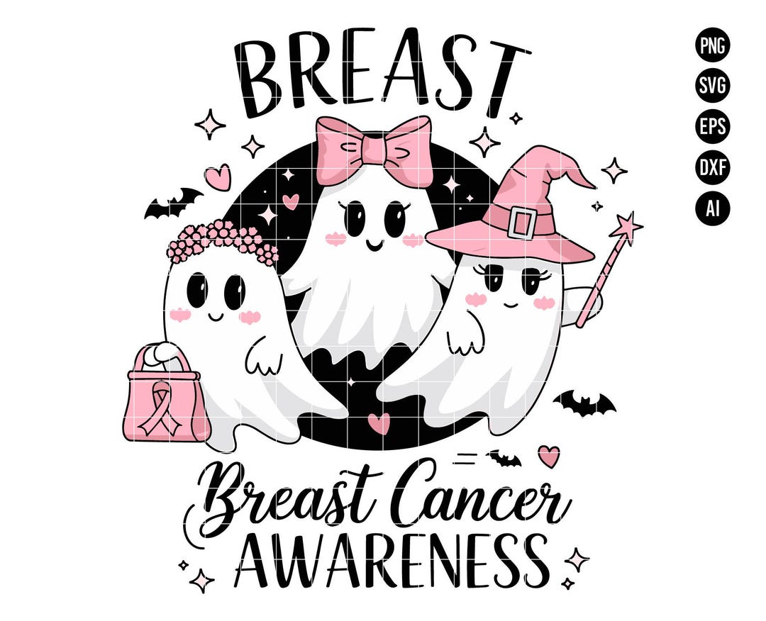 Breast Cancer Awareness Cute Ghosts SVG PNG, Pink Ribbon Ghost Design ...