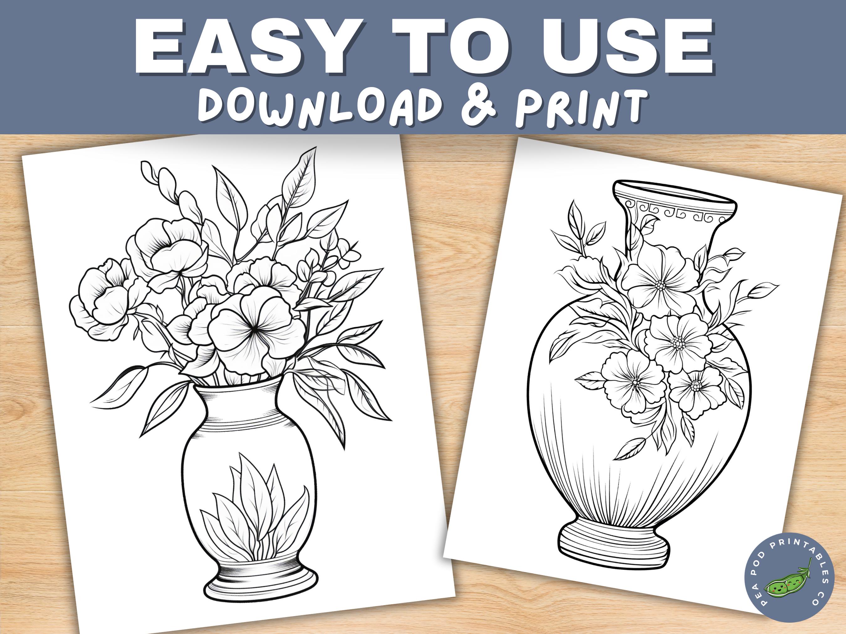 Flower in a Vase Coloring Pages – Printable Set of Elegant Floral ...