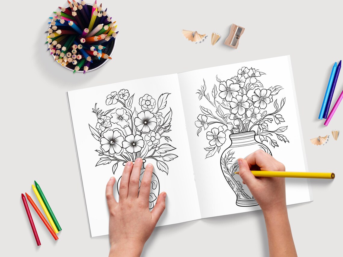 Flower in a Vase Coloring Pages – Printable Set of Elegant Floral ...