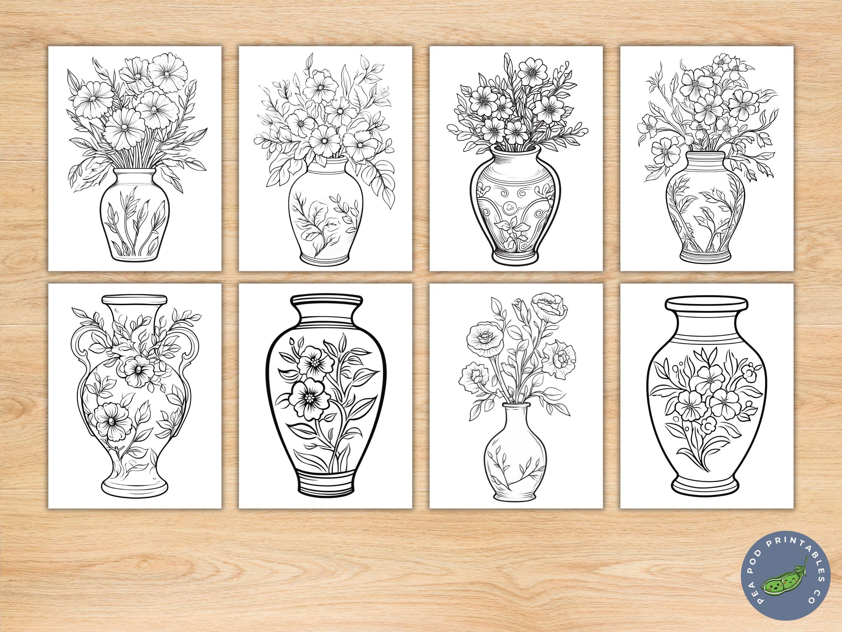 Flower in a Vase Coloring Pages – Printable Set of Elegant Floral ...