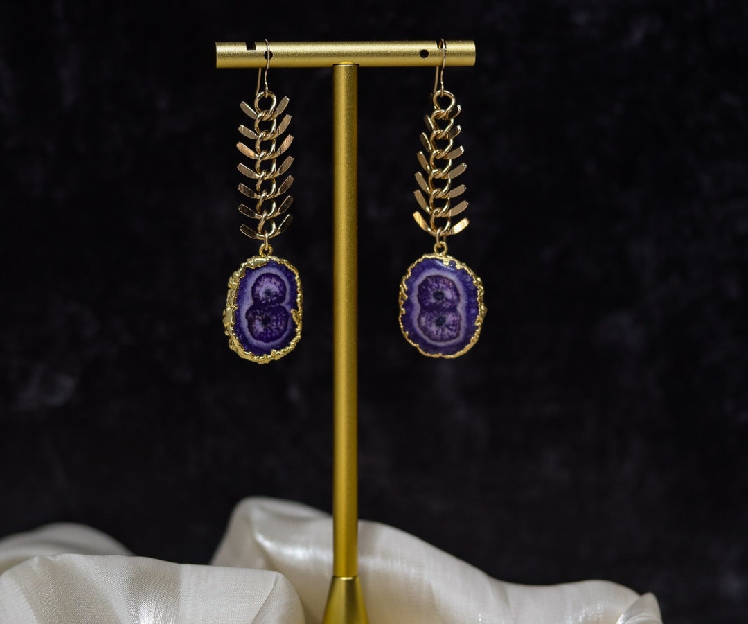 Long Bright Purple Stalactite Slice Earrings, Long Gold Chain Dangle ...