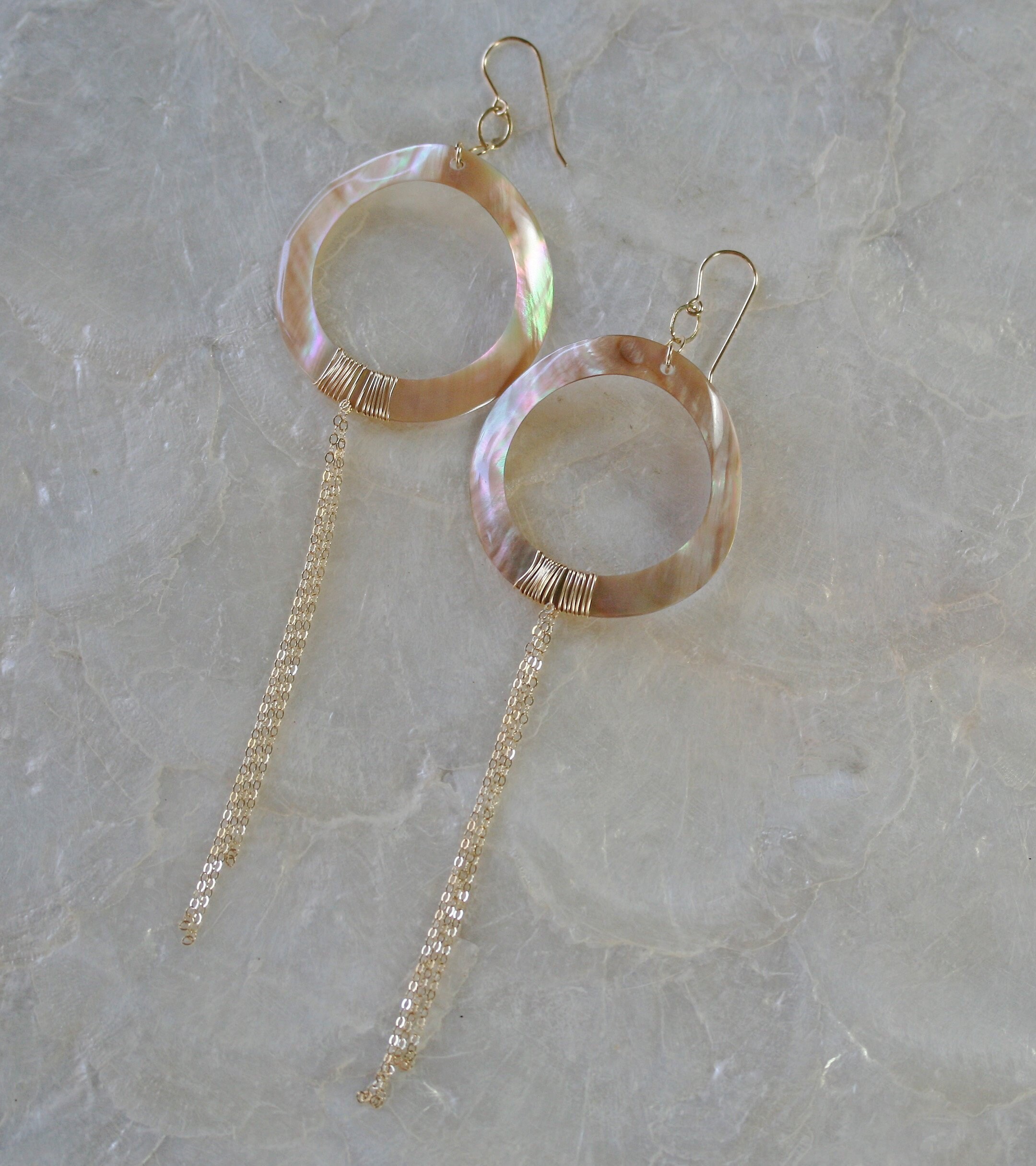 Large Round Shell Earrings with Gold Chain