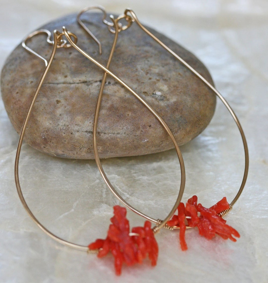 Gold Hoop Earrings, Coral Earrings, Coral Branch Earrings, Beachy ...