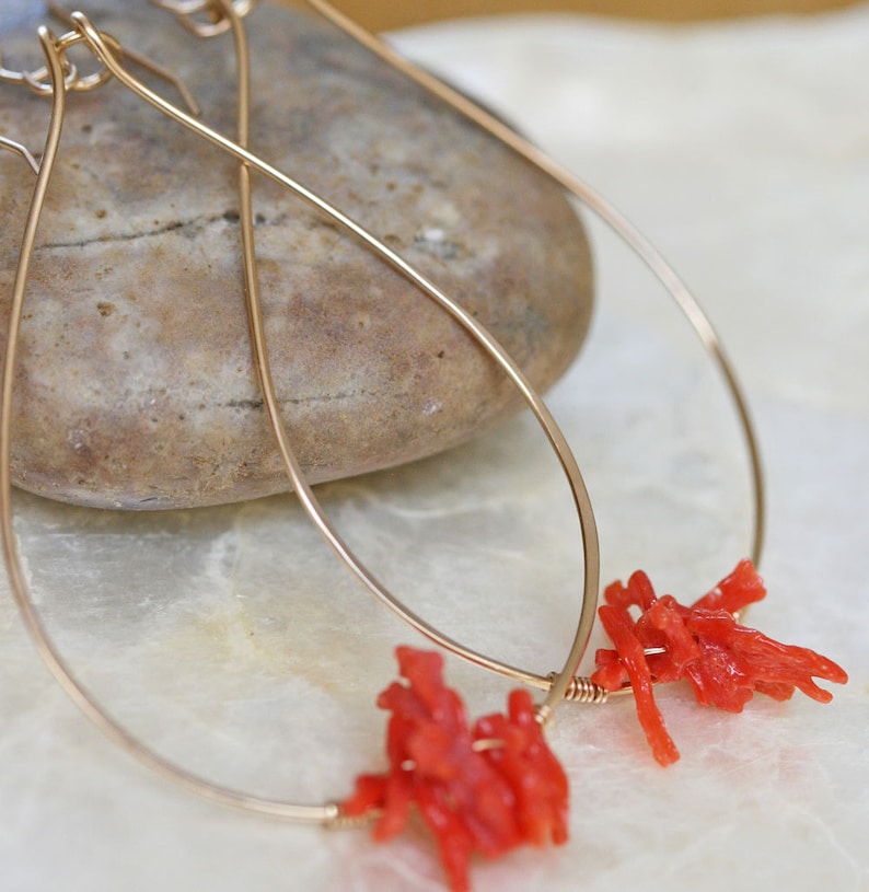 Gold Hoop Earrings, Coral Earrings, Coral Branch Earrings, Beachy ...