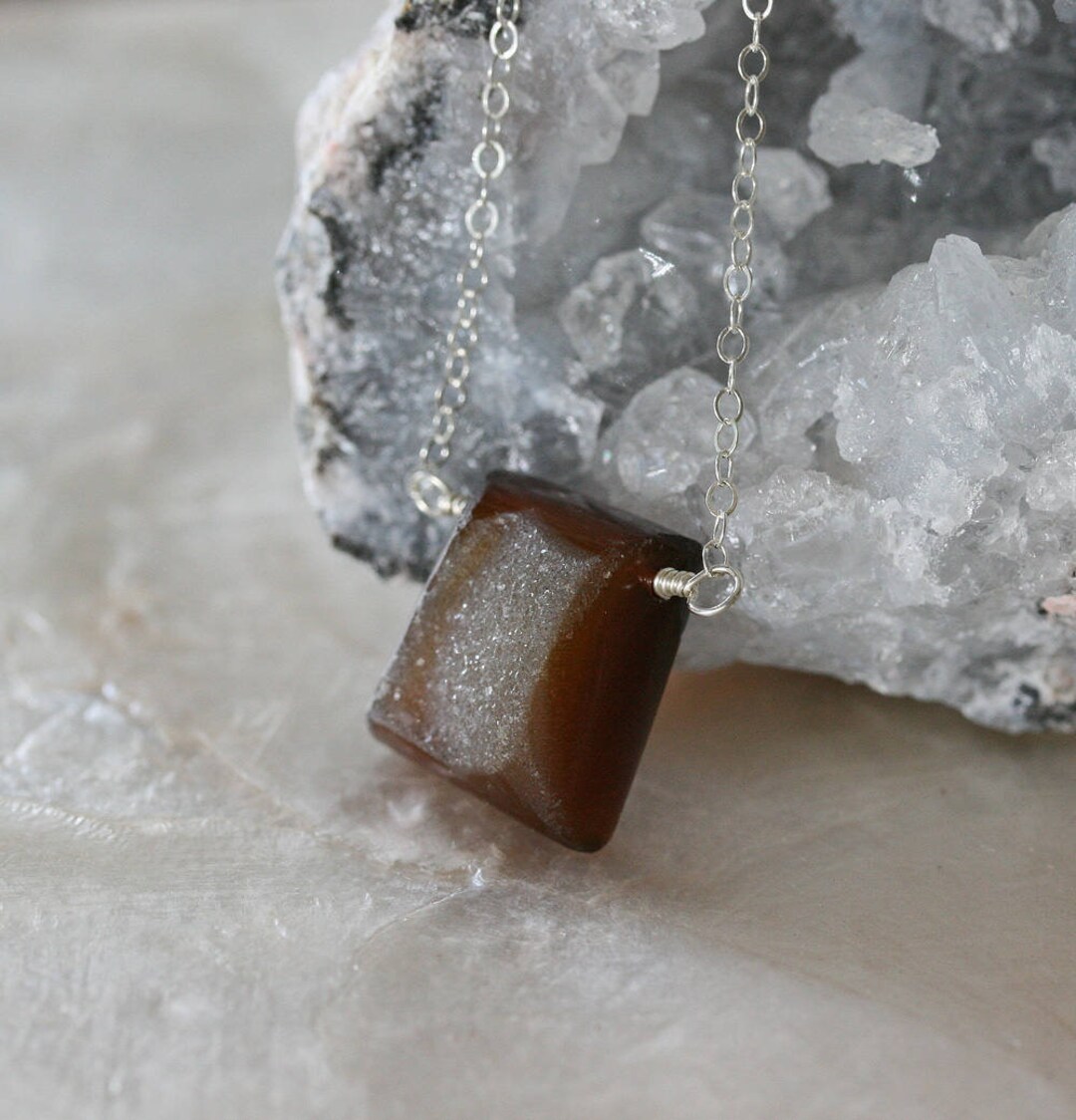 Brown Druzy Pendant, Crystal Necklace, Sterling Silver Chain, 18 ...