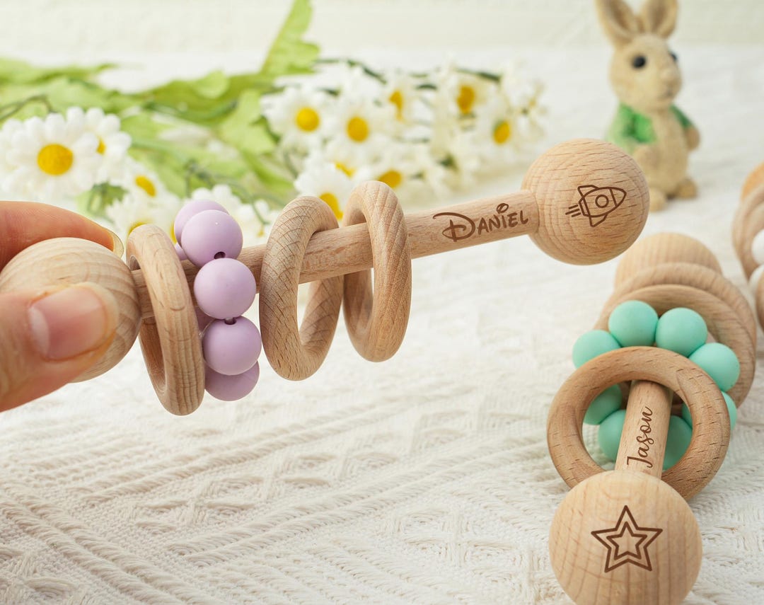Personalized Baby Rattle,custom Wooden Baby Rattle,engraved Rattle With ...