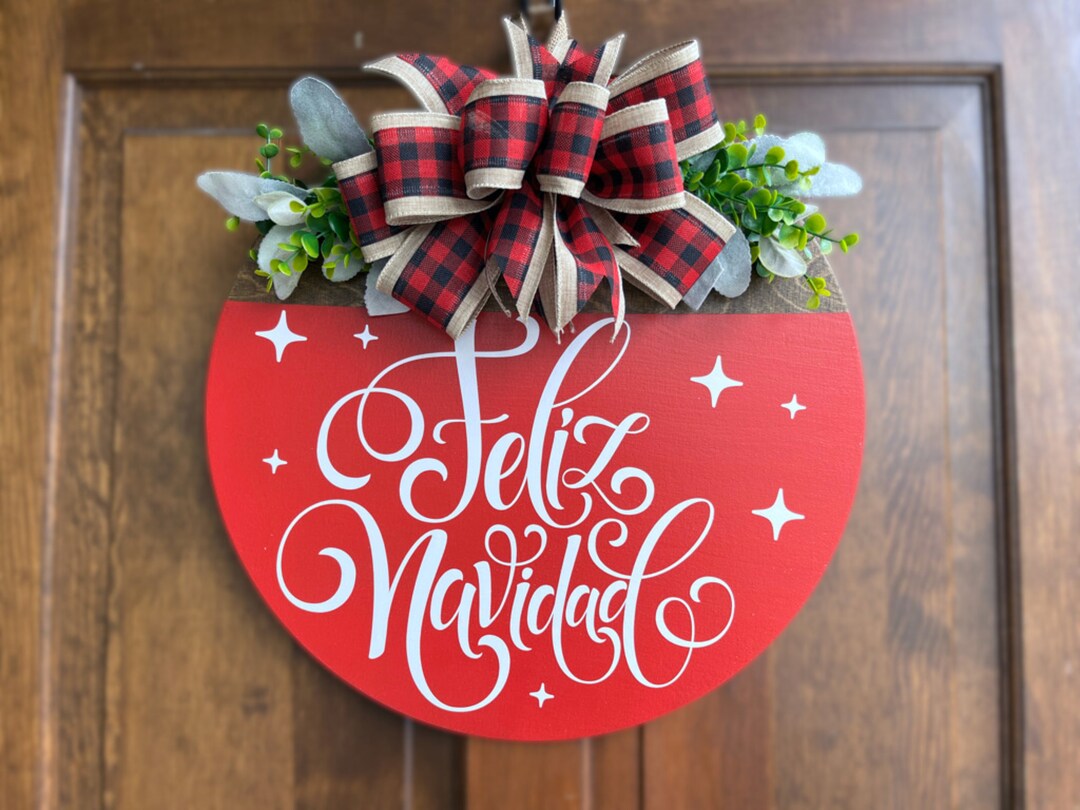 Feliz Navidad Front Door Sign, Merry Christmas Door Hanger, Real Wood ...