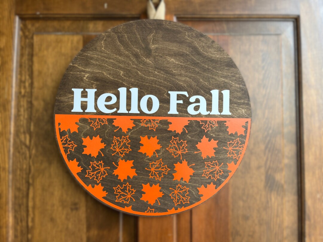 Hello Fall Front Door Sign With Leaves, Modern Color Door Hanger ...