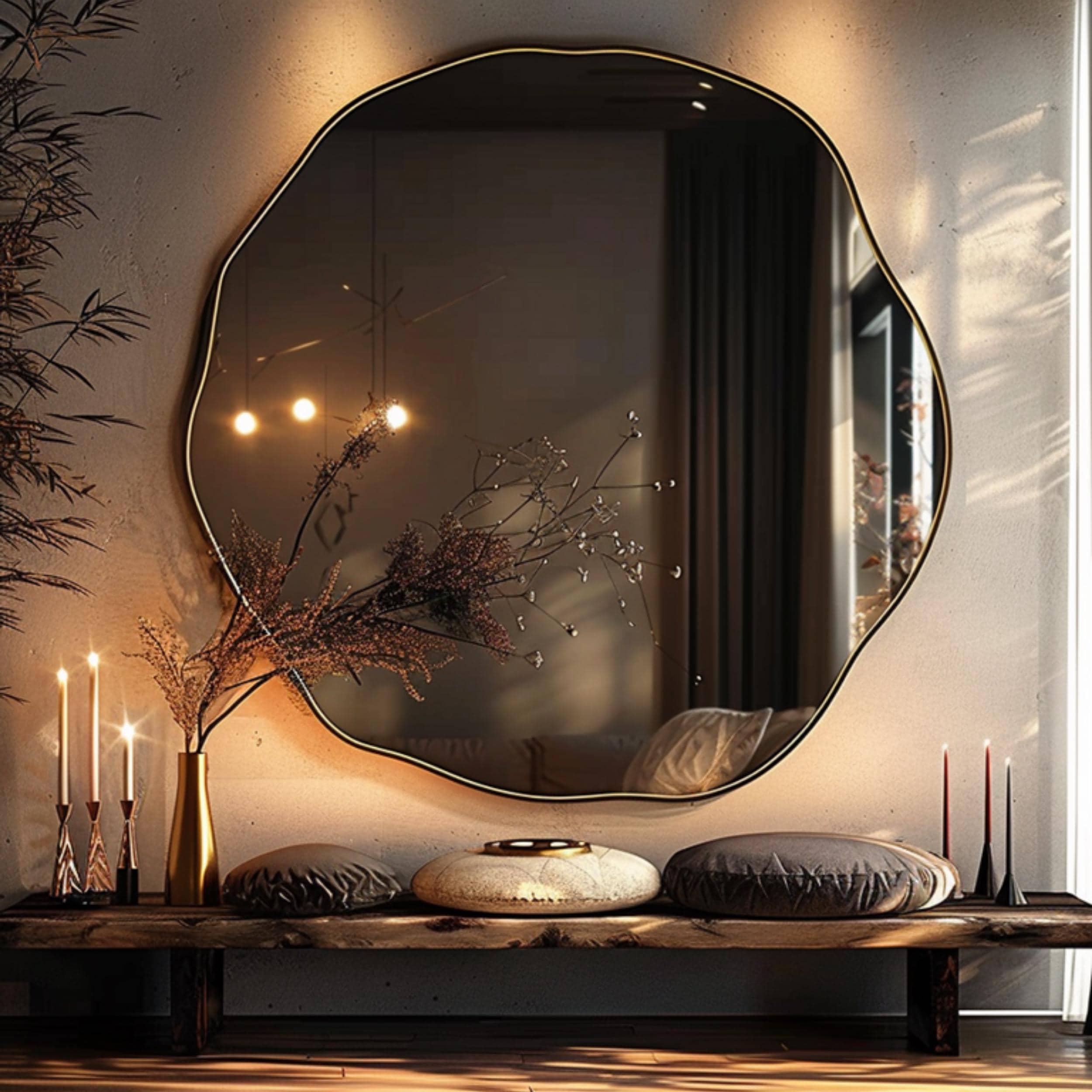 Organic Shape Wall Mirror With Elegant Gold Wooden Frame for Boho ...