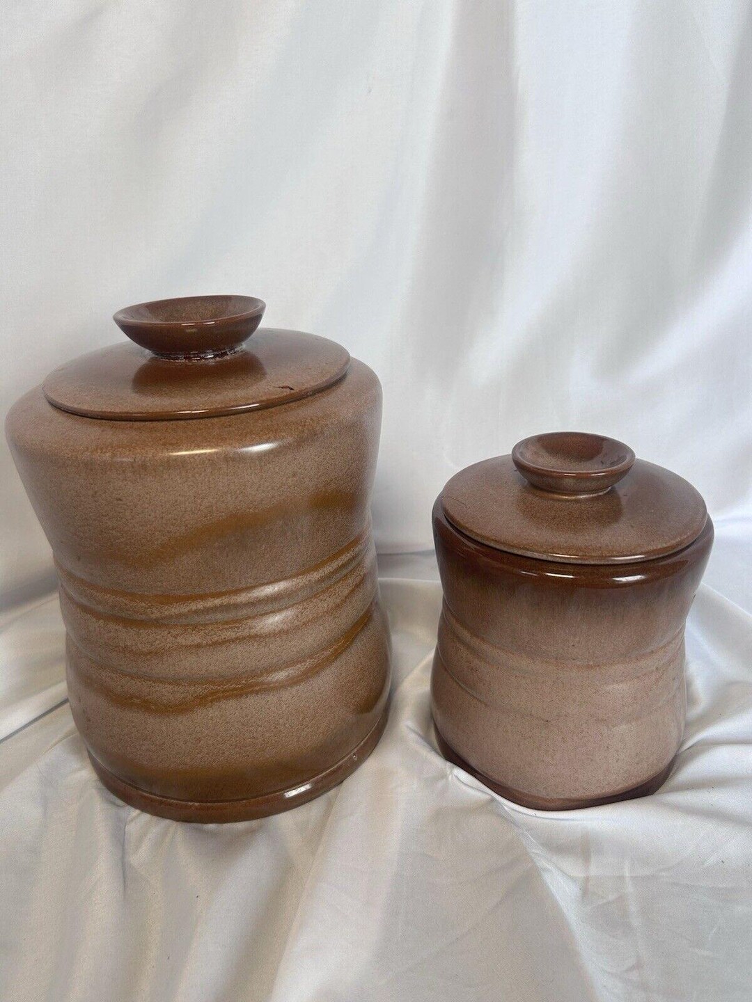 Frankoma Pottery Canisters 26S & 26T Two Satin Brown Jars Fixed Chip on ...