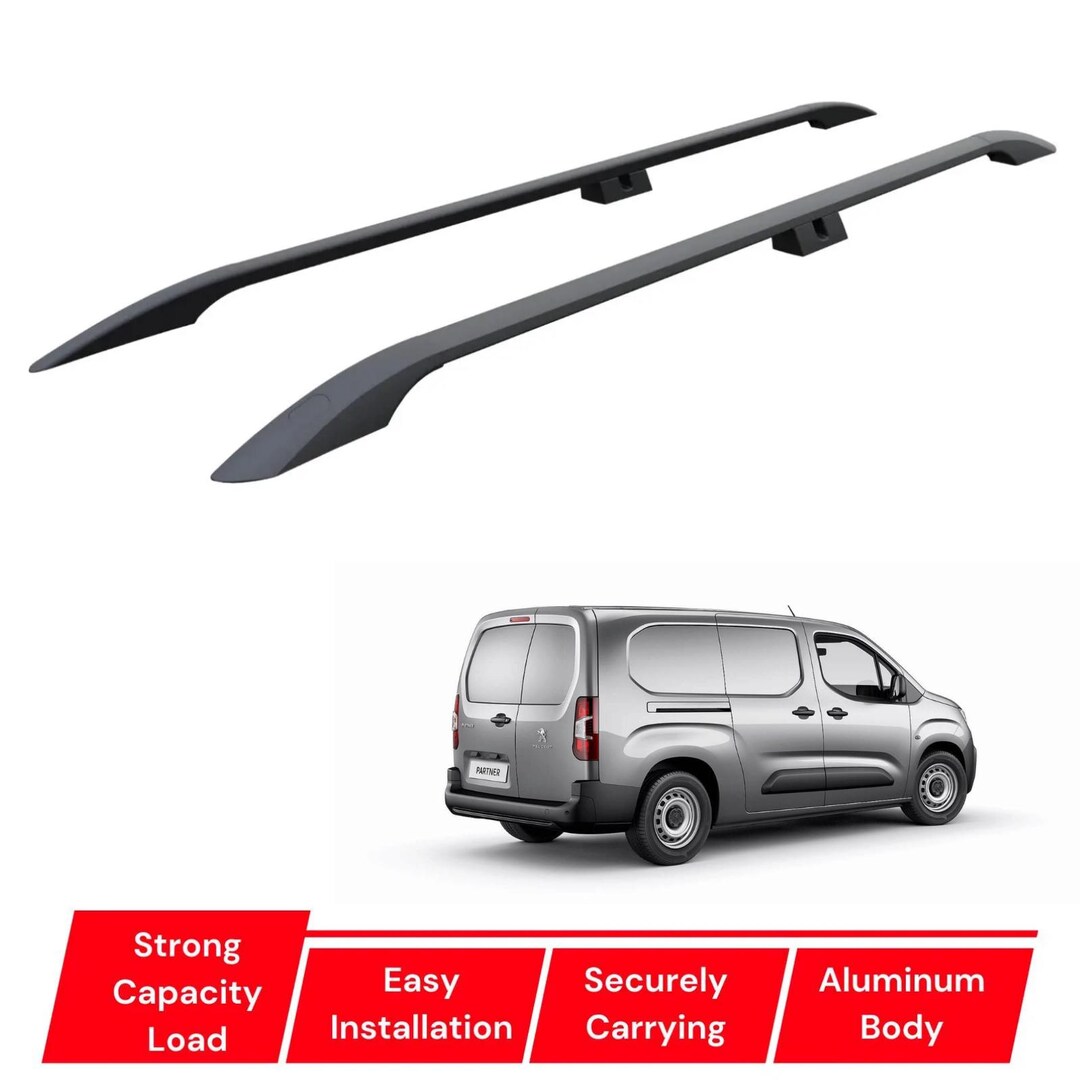 Peugeot Partner L2 LWB Model 2019-2026 Roof Side Rails Black Aluminum ...