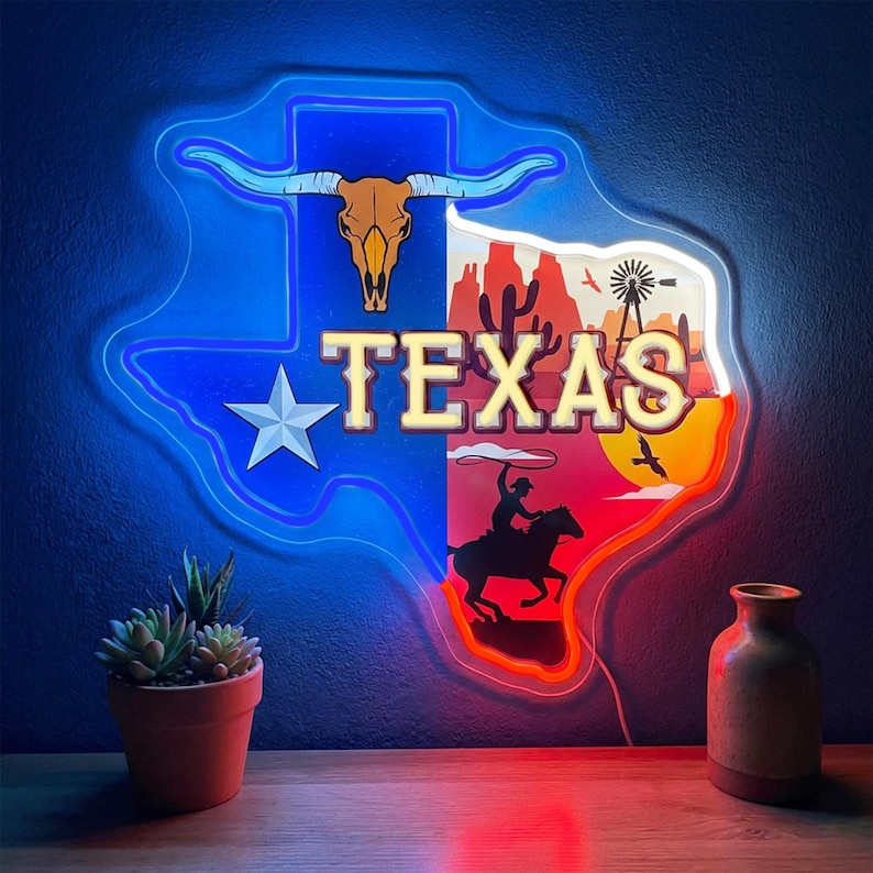 Custom Texas Neon Sign, Lone Star State LED Wall Art, Cowboy & Longhorn ...