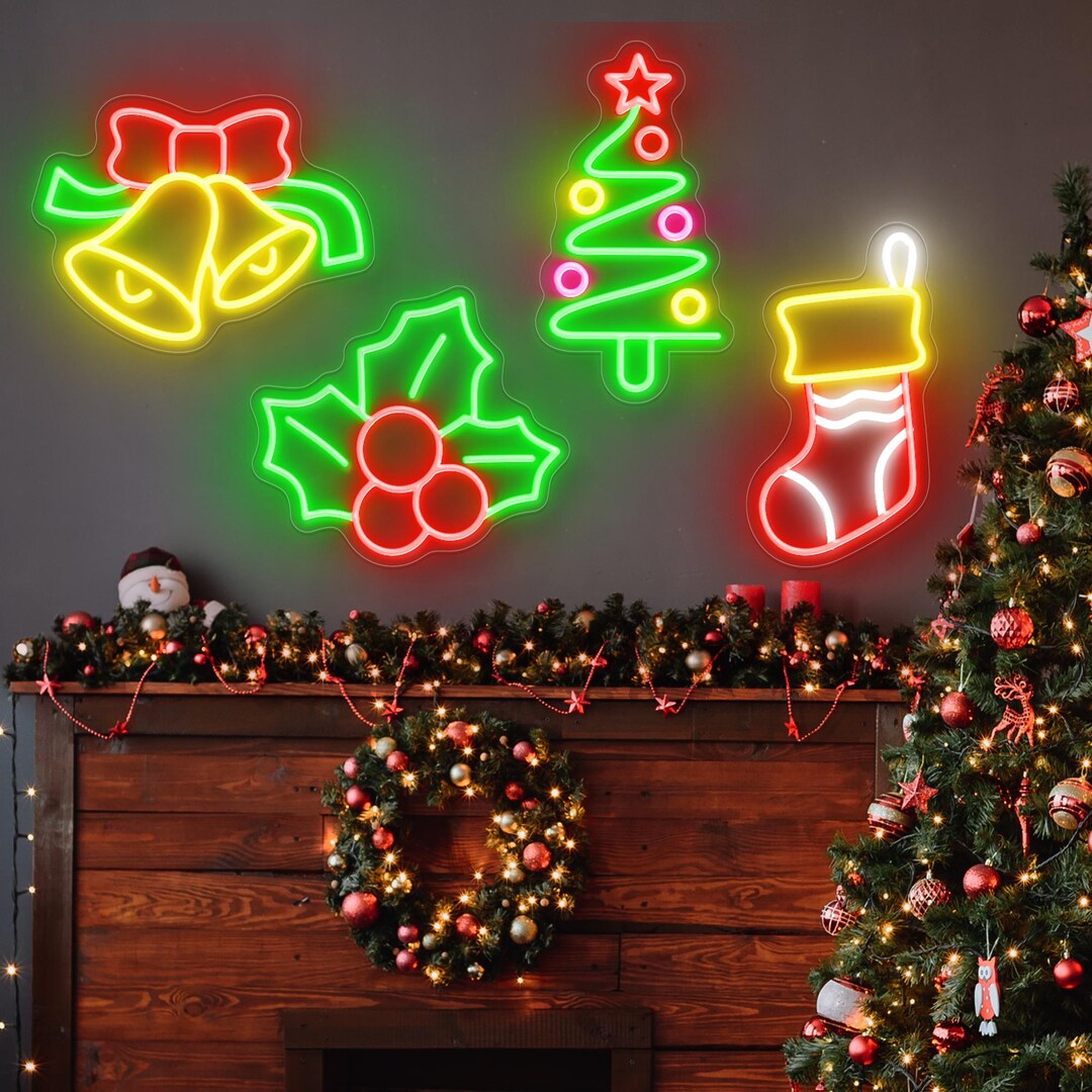 Christmas LED Neon Lights Stocking Bell Tree Holly Leaf Holiday Home ...