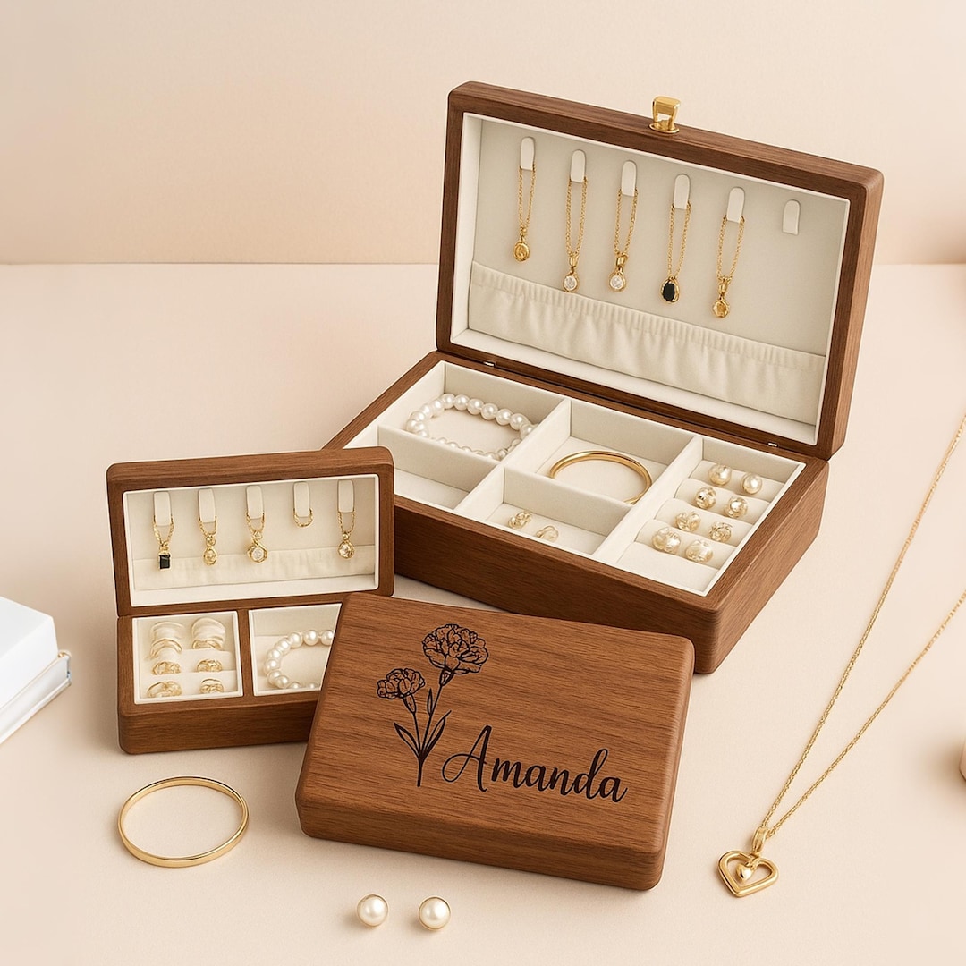 Custom Engraved Wooden Jewelry Box: Personalized Name & Birth Flower ...