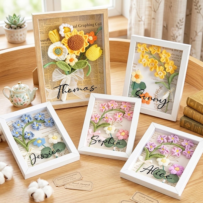 Personalized Crochet Flower Shadow Box, Custom Photo Frame With Knitted ...