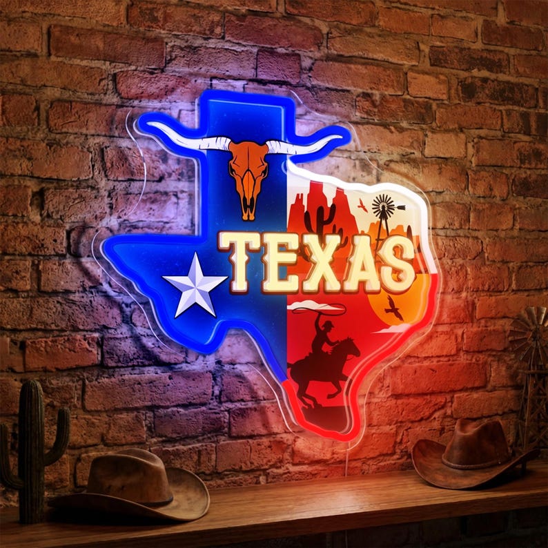 Custom Texas Neon Sign, Lone Star State LED Wall Art, Cowboy & Longhorn ...