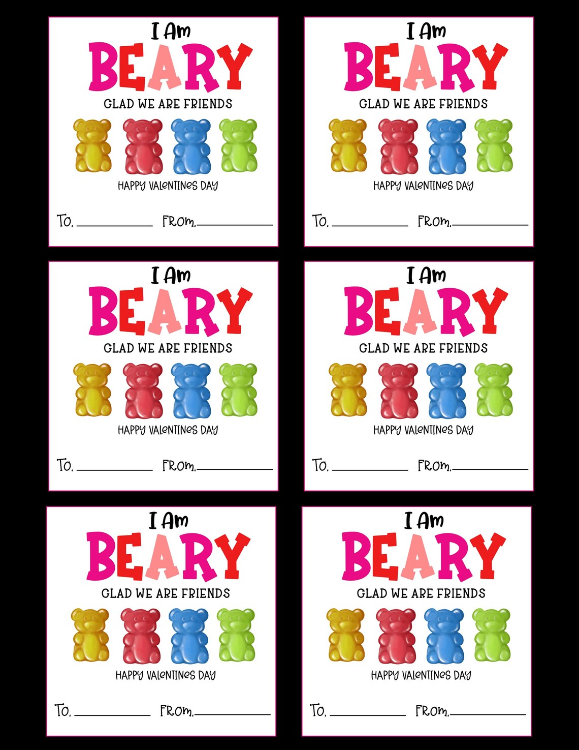 Printable Valentine Cards for Kids, Fun Gummy Bear Design, Classroom ...