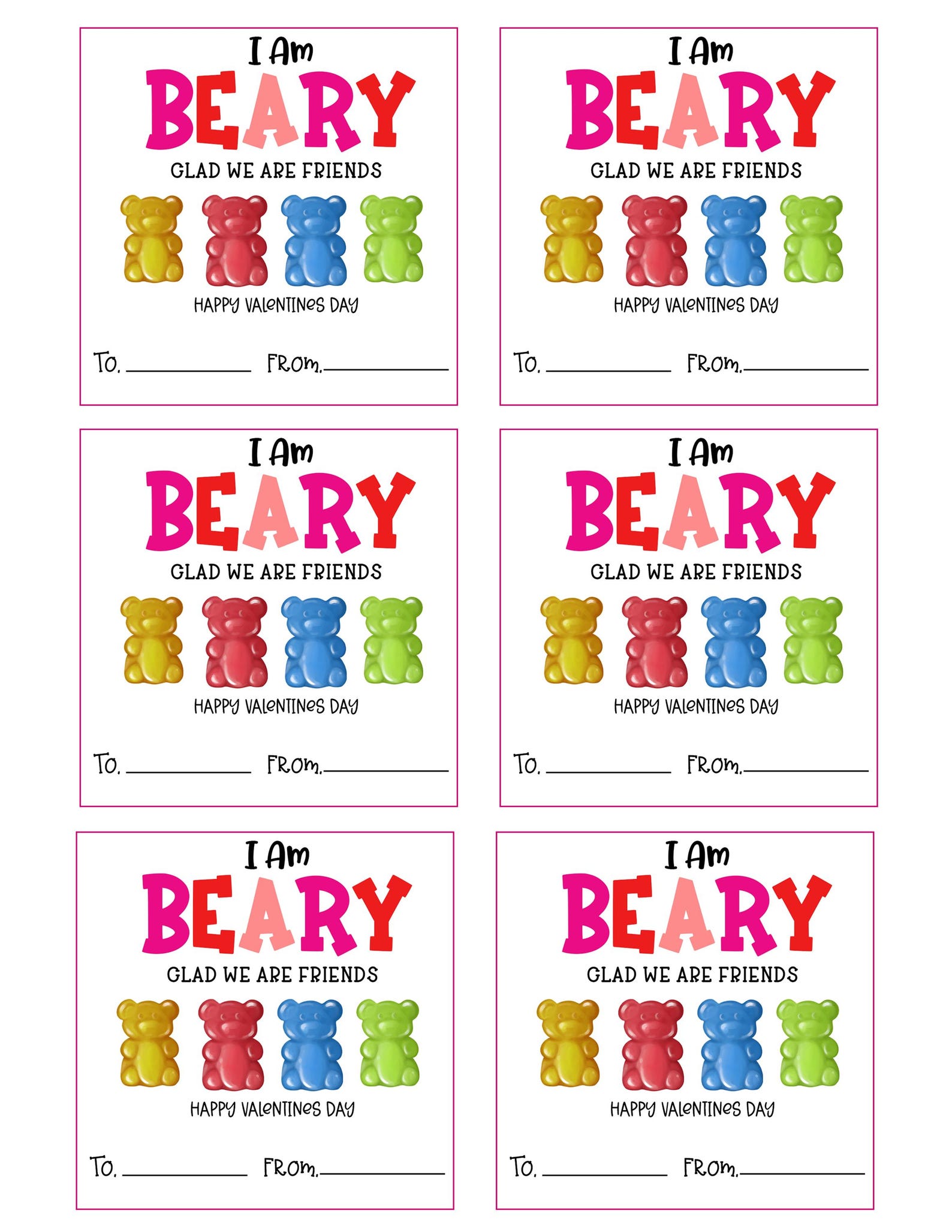 Printable Valentine Cards for Kids, Fun Gummy Bear Design, Classroom ...