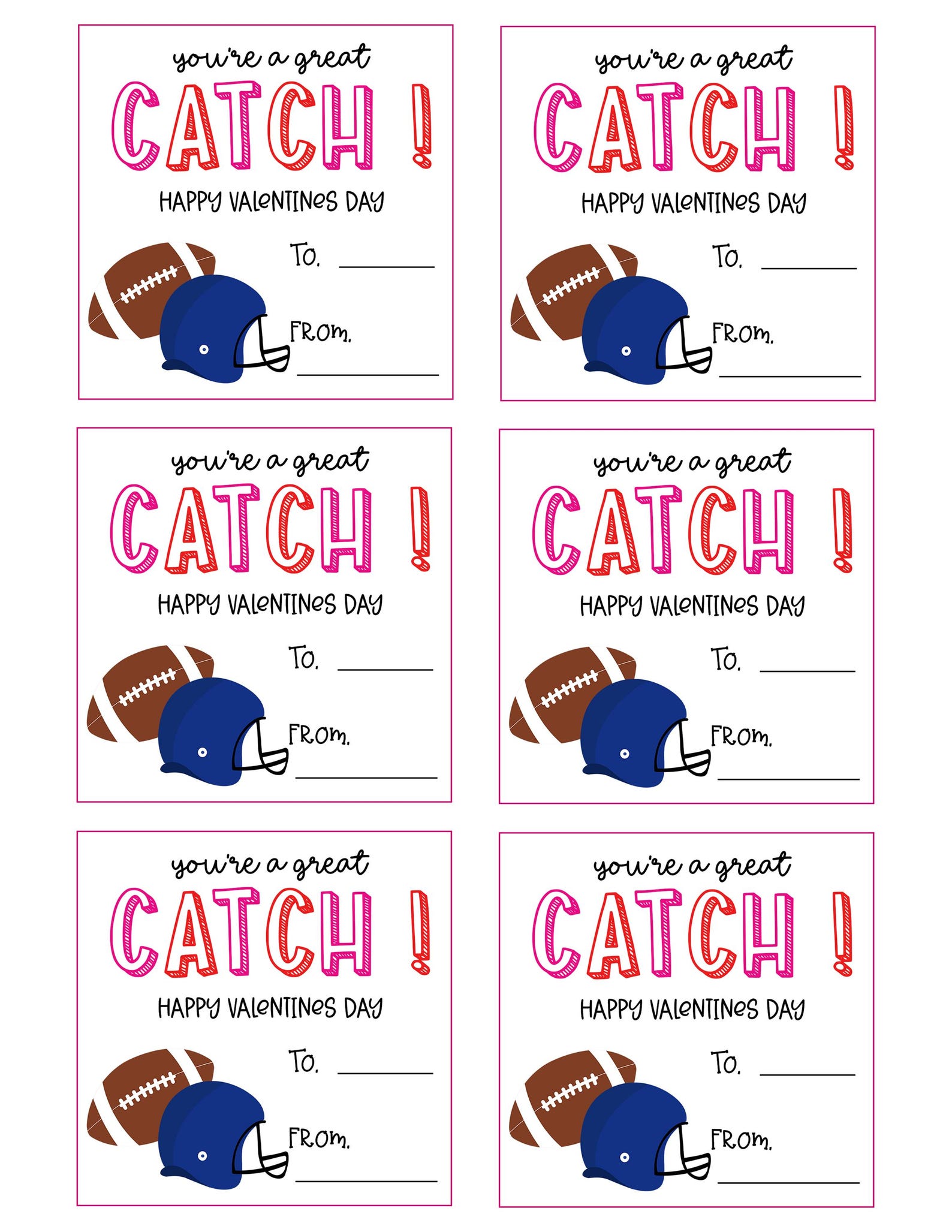 Printable Valentine Cards for Kids, Sports Design, Football Helmet and ...