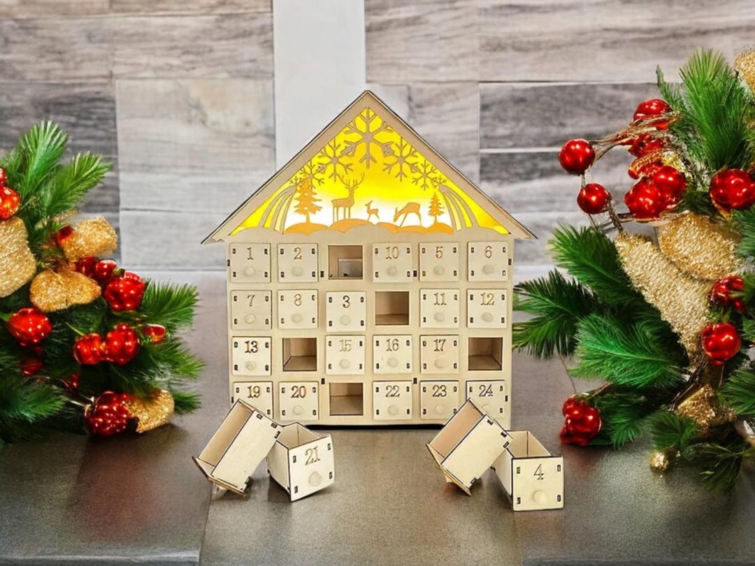 Wooden LED Lighted Advent Calendar With 24 Drawers Christmas Countdown ...