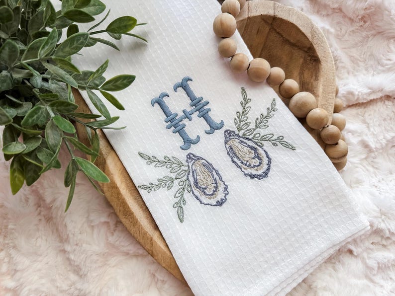 Embroidered Oyster Shell Hand Towel: Monogrammed Coastal Kitchen Decor ...