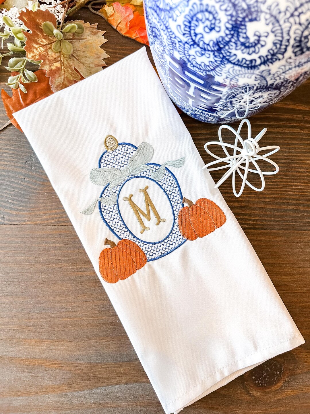 Embroidered Fall Hand Towel: Personalized Chinoiserie Vase, Pumpkin ...