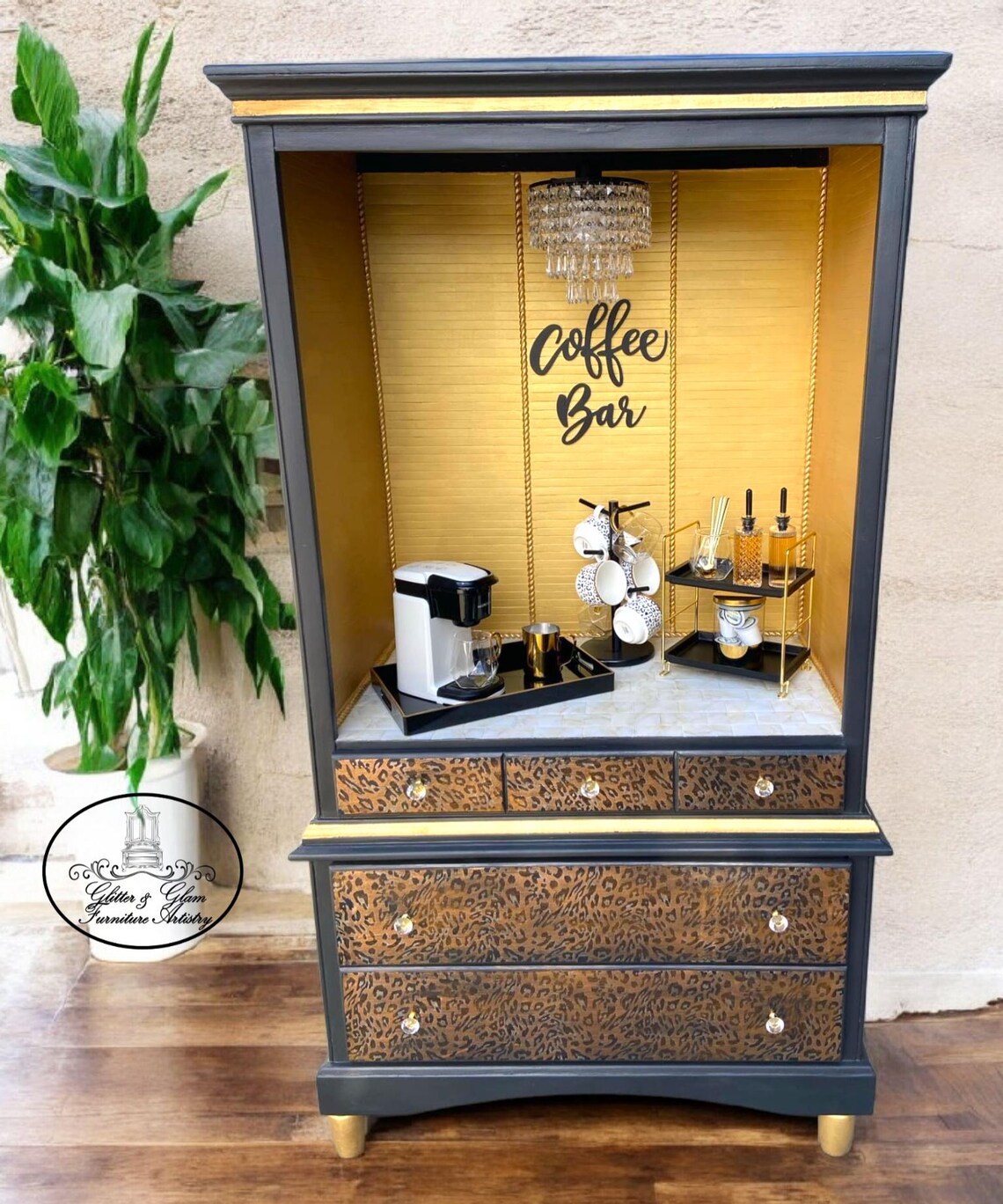 SOLD! Beautiful Cast Iron and Gold Painted Coffee Bar With Leopard ...