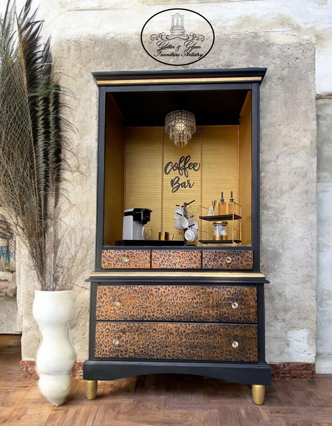 SOLD! Beautiful Cast Iron and Gold Painted Coffee Bar With Leopard ...