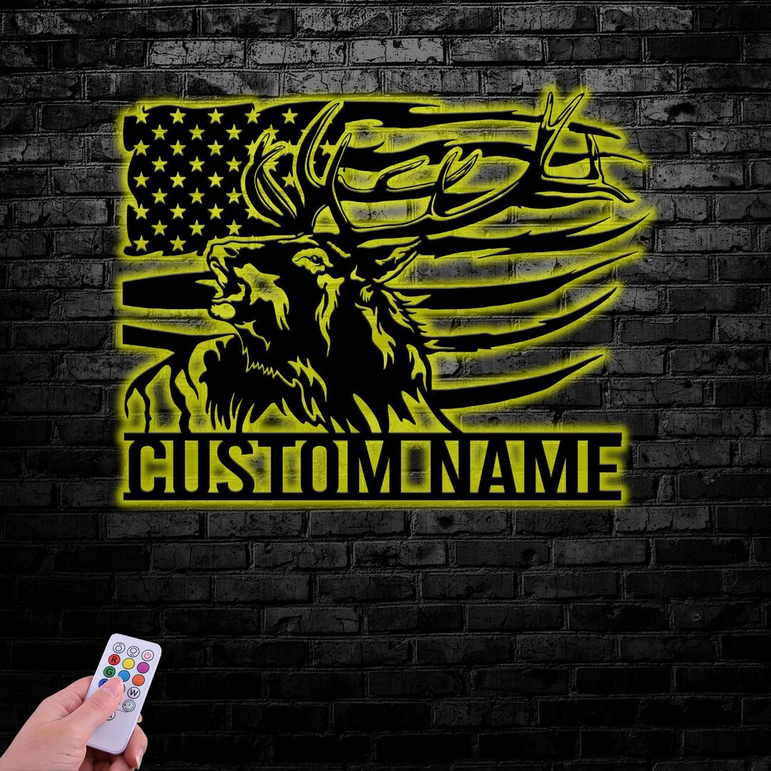 Personalized Elk US Flag Name Sign With Led Light, Custom Metal Deer ...