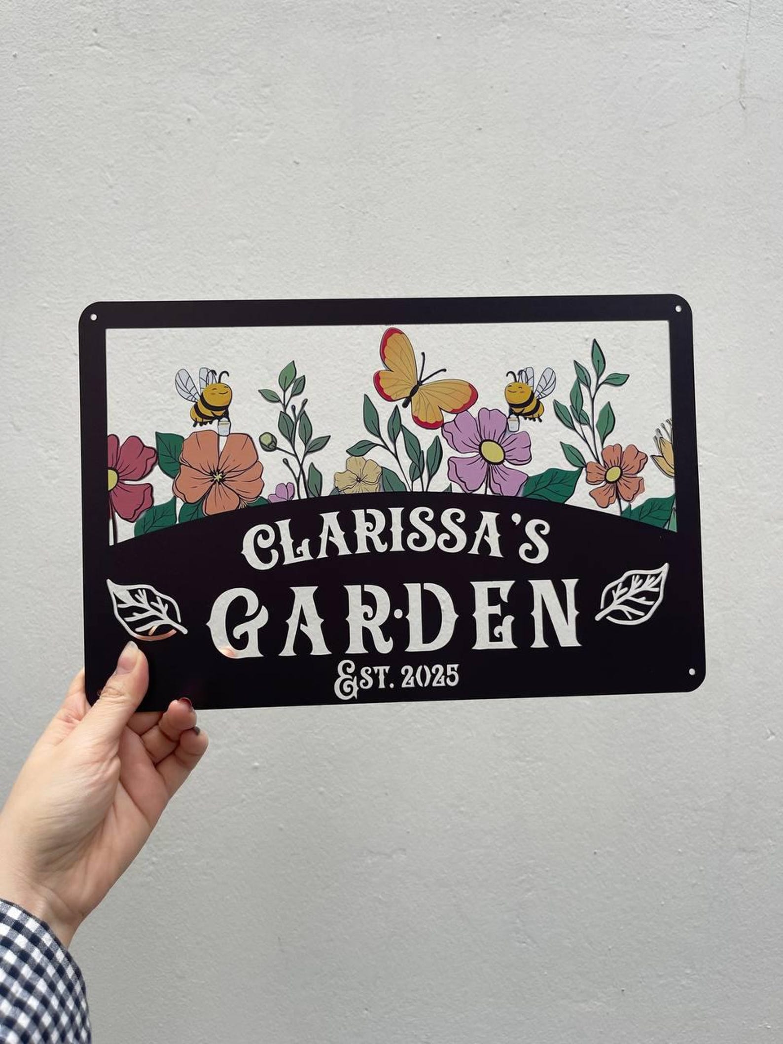 Custom Name Floral Garden Sign, Custom Metal Hanging Garden Plaque ...