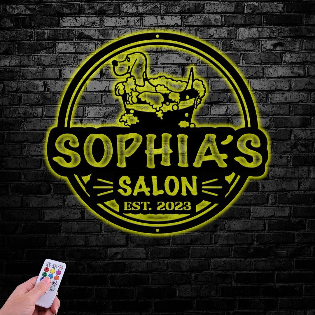 Custom Dog Grooming Hair Salon Metal Wall Art LED Light, Personalized ...