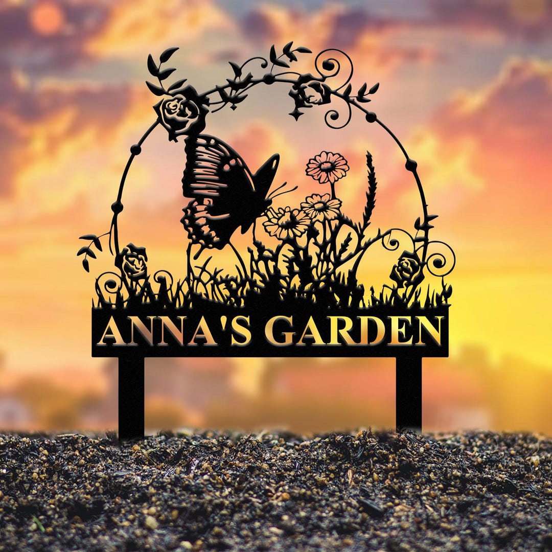 Custom Floral Butterfly Garden Sign, Personalized Name Garden Stake ...