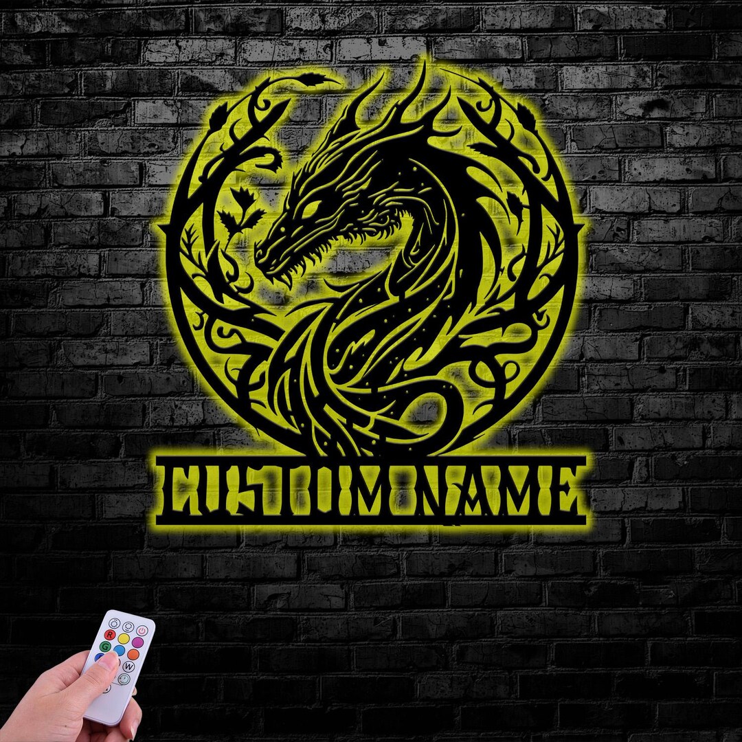 Custom Dragon Metal Art With LED Light, Dragon Name House Sign ...
