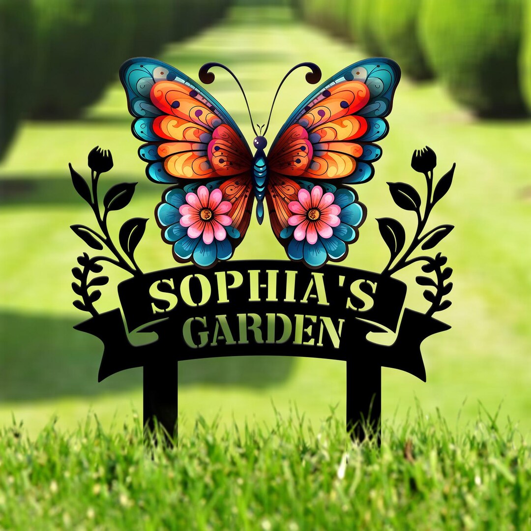 Custom Floral Butterfly Garden Sign, Personalized Name Garden Stake ...